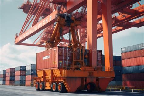 Huge Port Crane And Cargo Platform With Containers On A Cargo Pier