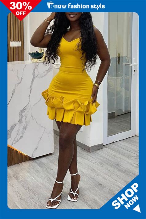 Yellow Sleeveless Backless Ruffle Spaghetti Strap V Neck Evening Party