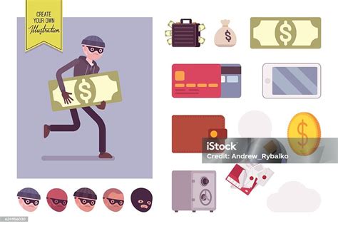 도난당한 물건 생성 세트와 남성 도둑 캐릭터 Runnig 통화에 대한 스톡 벡터 아트 및 기타 이미지 통화 도둑 만화