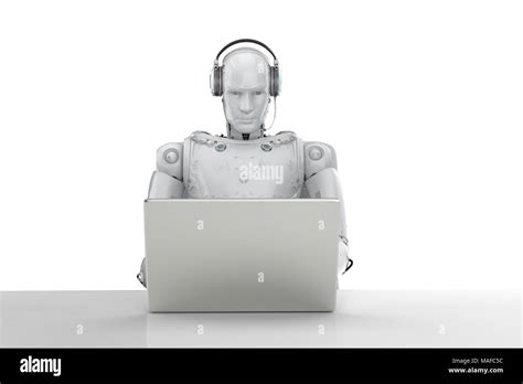 3d Rendering Humanoid Robot Working With Headset And Notebook Stock