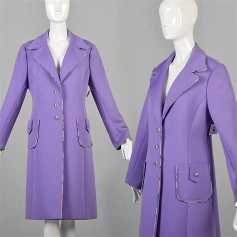 Large 1970s Lilli Ann Purple Day Coat With Floral Piping And Enamel