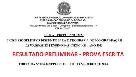 Resultado Preliminar Prova Escrita Especialização em Ensino das