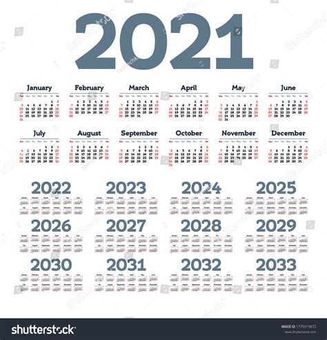 English Calendar Years 20212033 Week Starts เวกเตอร์สต็อก ปลอดค่า