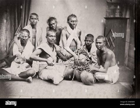 Vintage 19th Century Photograph Coolies Labourers Bassein Pathein Burma Myanmar Stock