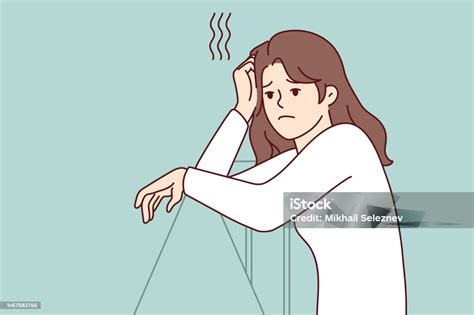 슬픈 여자는 난간에 기대어 남자 친구와의 싸움 후 거리를 바라본다 벡터 이미지 피곤한에 대한 스톡 벡터 아트 및 기타 이미지