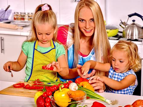 Mother And Daughter Cooking At Kitchen Stock Image Image Of Knife