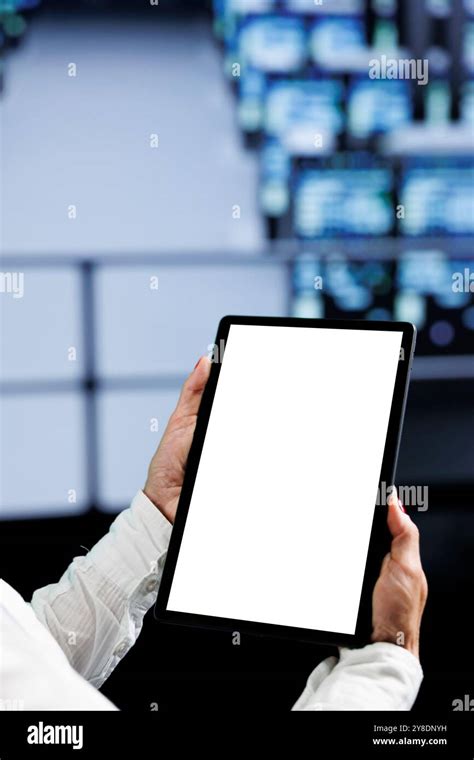 Close Up Shot Of Mock Up Tablet Used By Experienced Serviceman In Data Center Using Server