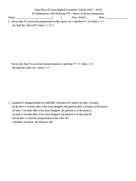 Direct And Inverse Proportion 6 Mar Pdf