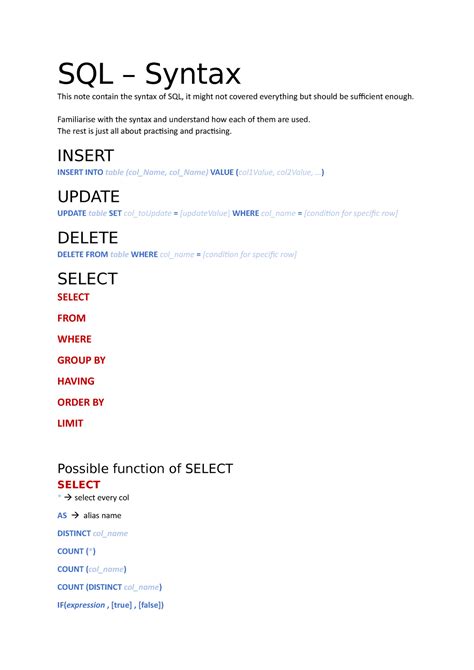 Dm Sql Syntax Summary Data Management Sql Syntax This Note