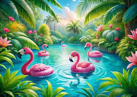 Tropical Pool Party Extravaganza Pink Floaties Vibrant Colors And Summer Fun Stock Illustration
