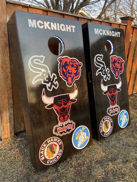 5 Teamer Chitown Special Ebony Stained Bears Sox Bulls Blackhawks And Sky Cornhole Board Set