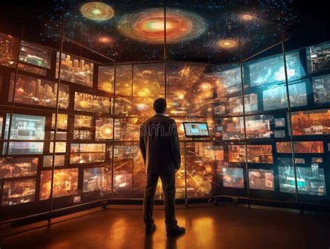 Digital Data Analysis In A Futuristic Control Room With Multiple