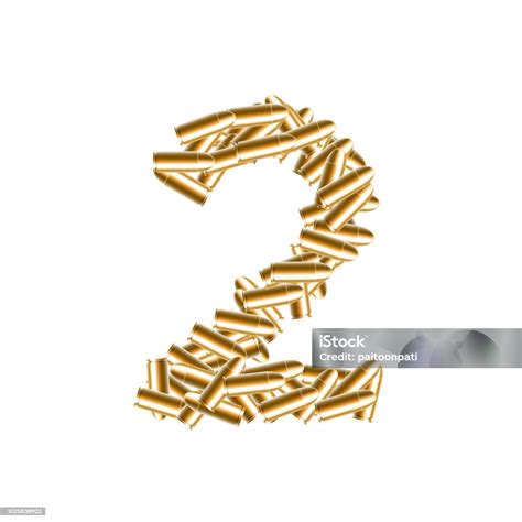 문자 번호 2 또는 2 골드 색상 알파벳 총알 세트 일러스트 레이 션 3d 가상 디자인에 흰색 배경에 고립 공격성에 대한 스톡