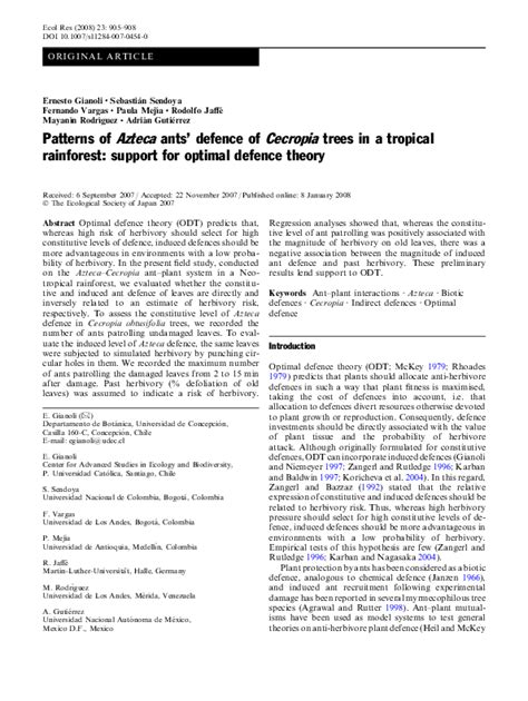 Pdf Patterns Of Azteca Ants Defence Of Cecropia Trees In A Tropical