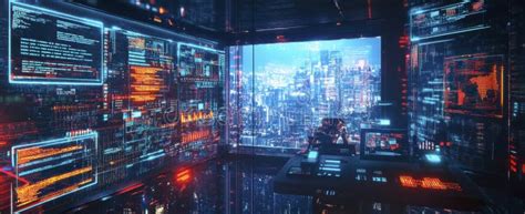 A Hacker In A Cyberpunk Suit In A Futuristic Room With Neon Lights And Holograms In A High Tech