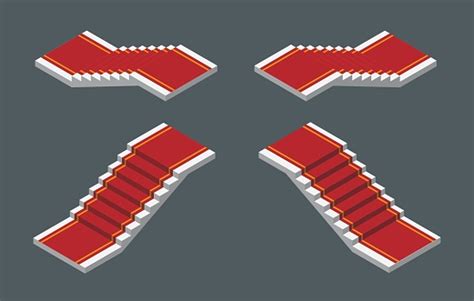 어두운 배경에 고립 된 레드 카펫과 Isometric 벡터 일러스트 사실 현대 흰색 계단 3d 플랫 만화 스타일의 다른 위치 벡터 아이콘의 계단 또는 계단 세트 3차원
