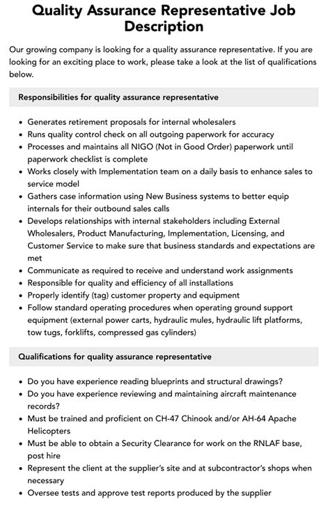 Quality Assurance Representative Job Description Velvet Jobs