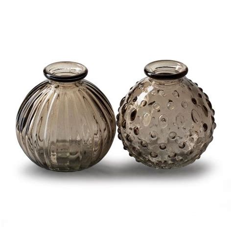 Pair Of Small Stone Grey Glass Jive Bud Vases Round Textured Vintage