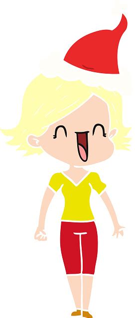 산타 모자를 쓰고 행복 한 여자의 손으로 그린 평면 컬러 그림 낙서 드로잉에 대한 스톡 벡터 아트 및 기타 이미지 낙서