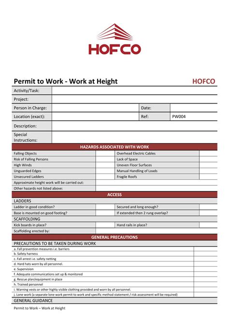 Working At Height Permit To Work Template Williamson Ga Us