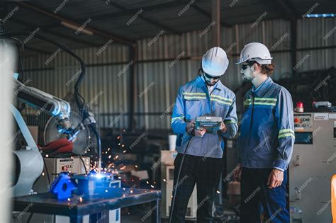 Premium Photo Factory Engineers Using Smart Control To Control The Arm Robot Machine For