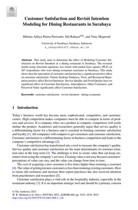 PDF Customer Satisfaction And Revisit Intention Modeling For Dining