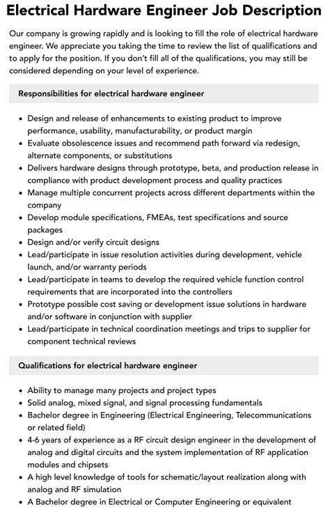 Electrical Hardware Engineer Job Description Velvet Jobs