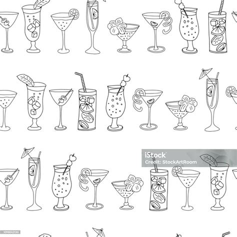 칵테일 안경 원활한 벡터 패턴입니다 흑백 디자인입니다 마시는 블랙 흰색 배경에 행에 유리 배경 멋진 장식 바 레스토랑 및 바 메뉴 금요일에 대한 스톡 벡터 아트 및 기타