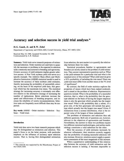 Pdf Accuracy And Selection Success In Yield Trial Analyses