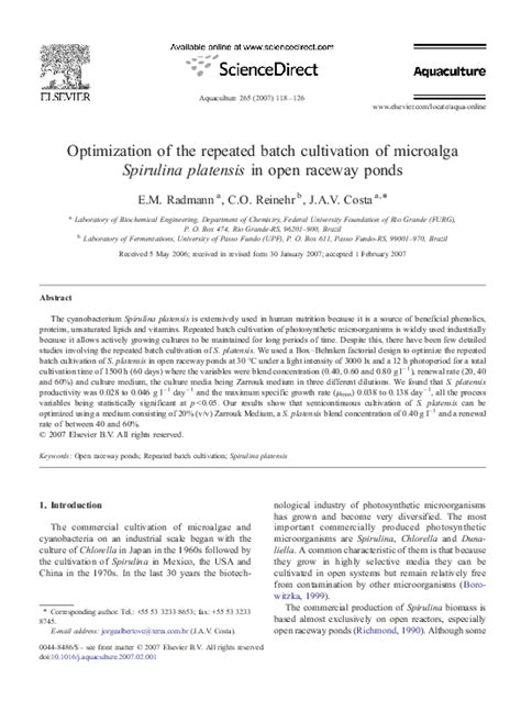 Pdf Optimization Of The Repeated Batch Cultivation Of Microalga