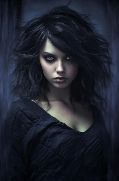 Premium Ai Image A Girl With Blue Eyes And A Black Hair Looks Into