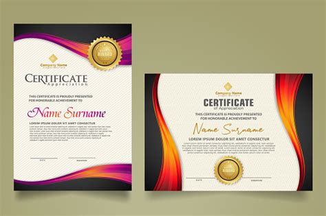 흐름 선 장식 및 최신 텍스처 패턴 배경으로 세로 및 수평 인증서 템플릿을 설정합니다 졸업장 벡터 일러스트레이션 0명에 대한 스톡 벡터 아트 및 기타 이미지 Istock