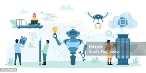 Ai 가상 지원 센터 전구를 들고 있는 로봇 장비가 있는 드론 보조 인공지능에 대한 스톡 벡터 아트 및 기타 이미지 인공지능