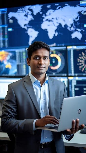 Indian Male Product Distribution Expert Holding Laptop Computer Analyzing World Map On Big