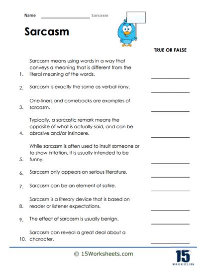 Sarcasm Worksheets Literary Device 15