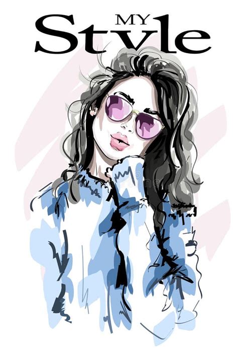 Hand Drawn Beautiful Young Woman In Sunglasses Fashion Woman Sketch