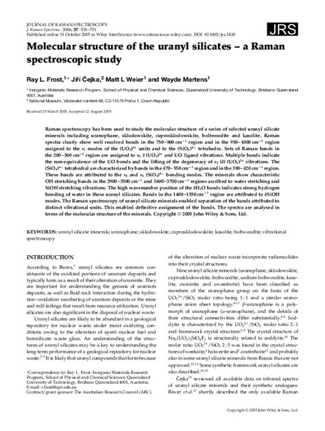 Pdf Molecular Structure Of The Uranyl Silicates—a Raman Spectroscopic