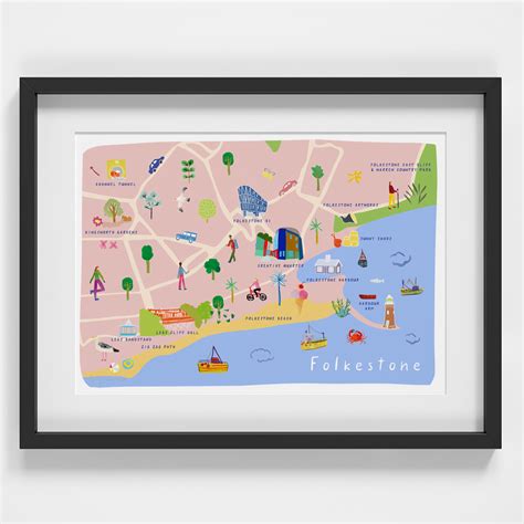 Illustrated Hand Drawn Map Of Folkestone Kent Art Print By Artist