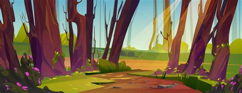 Trilha Na Ilustração Dos Desenhos Animados Da Floresta Iluminada Pelo