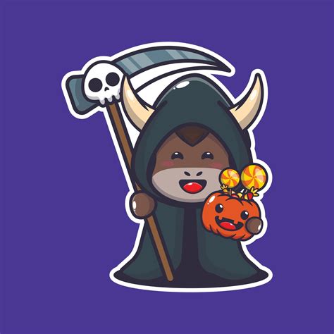 Grimmig Maaimachine Stier Holding Zeis En Halloween Pompoen Schattig