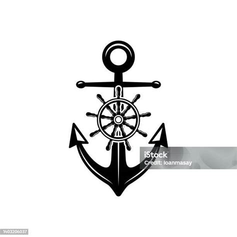 단색 스타일의 선박 스티어링 휠이있는 앵커의 그림 포스터 카드 배너 엠블럼 기호를위한 디자인 요소 벡터 일러스트 레이 션 고풍스런에 대한 스톡 벡터 아트 및 기타 이미지