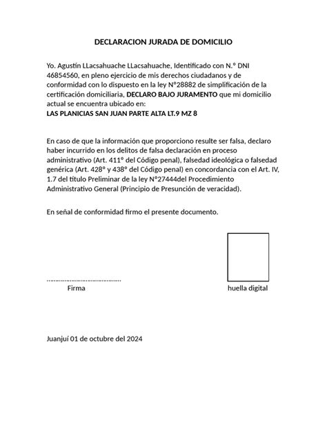 Declaracion Jurada De Domicilio Pdf Declaracion Jurada De Domicilio Pdf