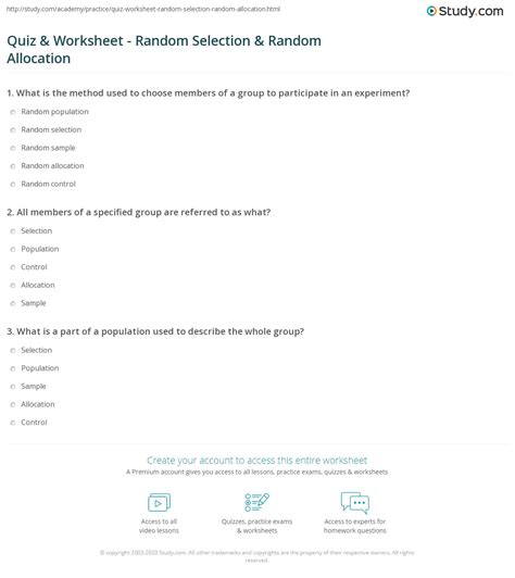 Quiz And Worksheet Random Selection And Random Allocation