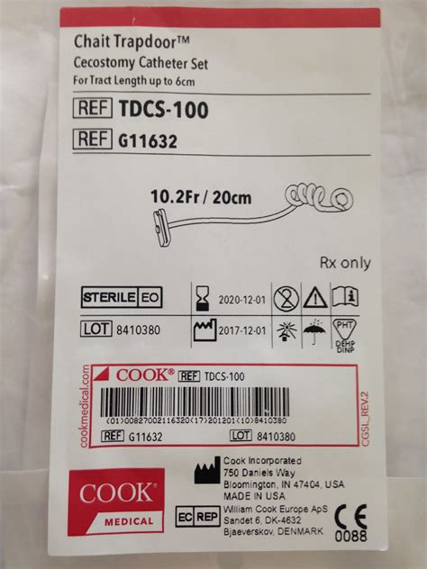 New Cook G11632 Chait Trapdoor Cecostomy Catheter Set 10 2fr 20cm X
