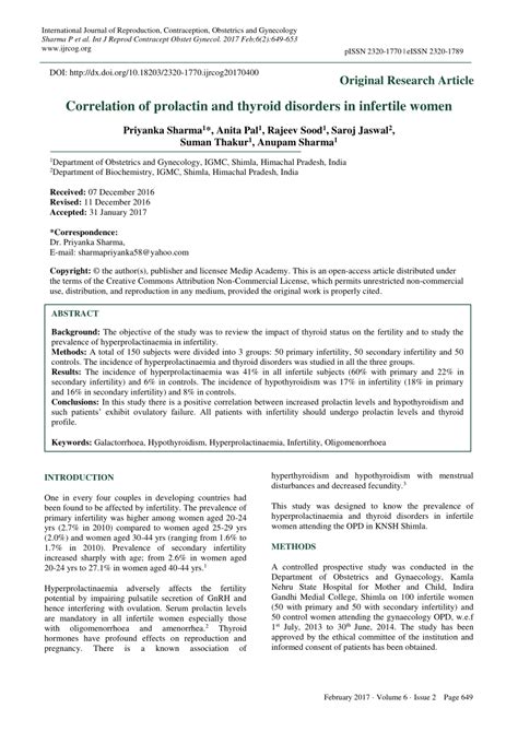 Pdf Correlation Of Prolactin And Thyroid Disorders In Infertile Women