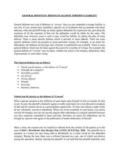 Ch 3 General Defences Defences Against Tortious Liability General