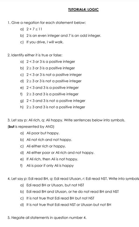 Solved Tutorial4 Logic 1 Give A Negation For Each