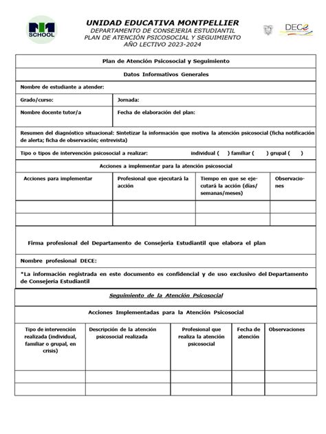 Plan De Atención Psicosocial Y Seguimiento Pdf