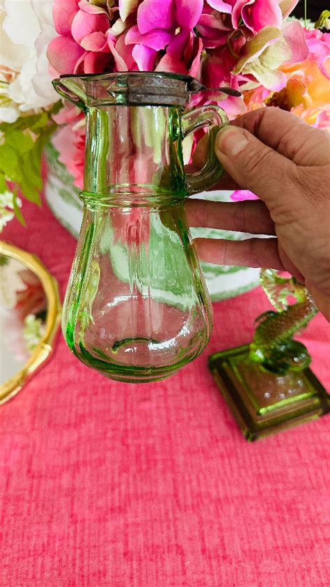 Antique Syrup Pitcher Hazel Atlas Green Vaseline Uranium Glass Metal