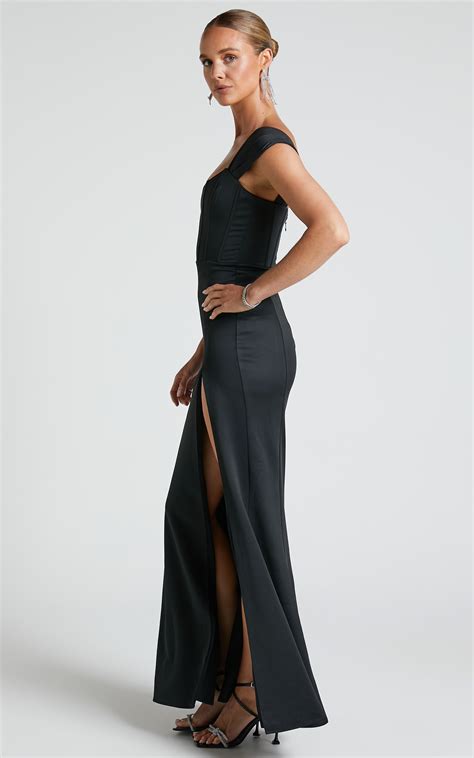 Demetra Maxi Dress High Split Corset Detail Off Shoulder Dress In